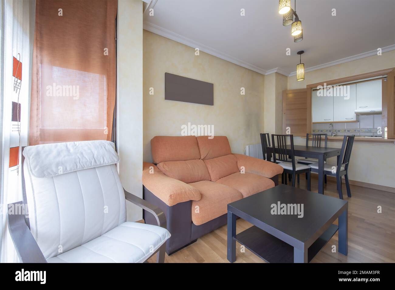 Apartment with a small living room with a serving hatch to the kitchen ...