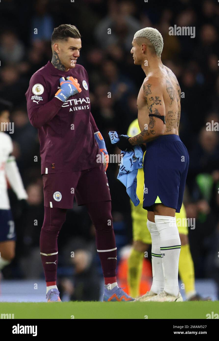 Manchester, UK. 19th January 2023. Brazilian team mates Ederson of ...