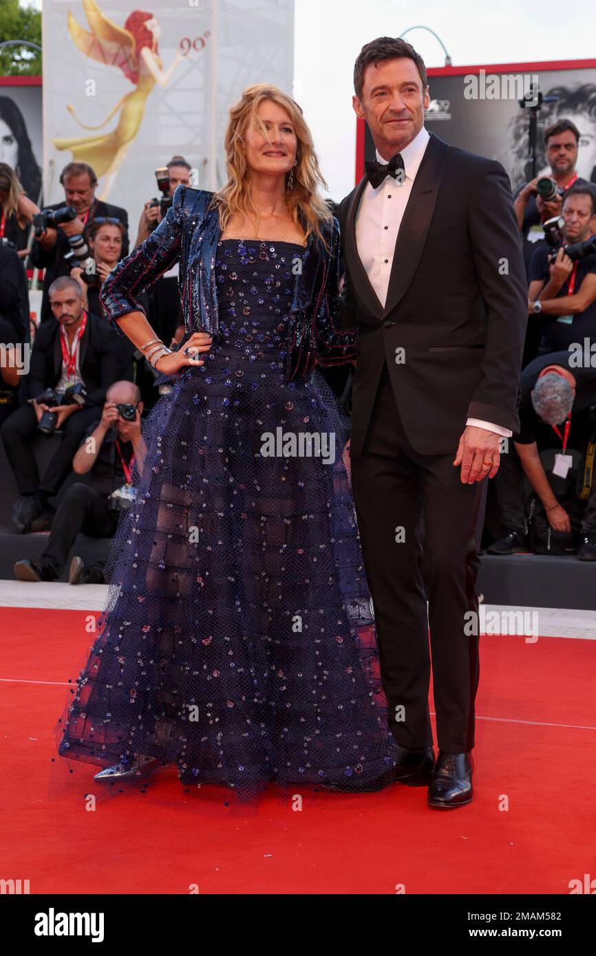 Laura Dern, left, and Hugh Jackman pose for photographers upon arrival ...