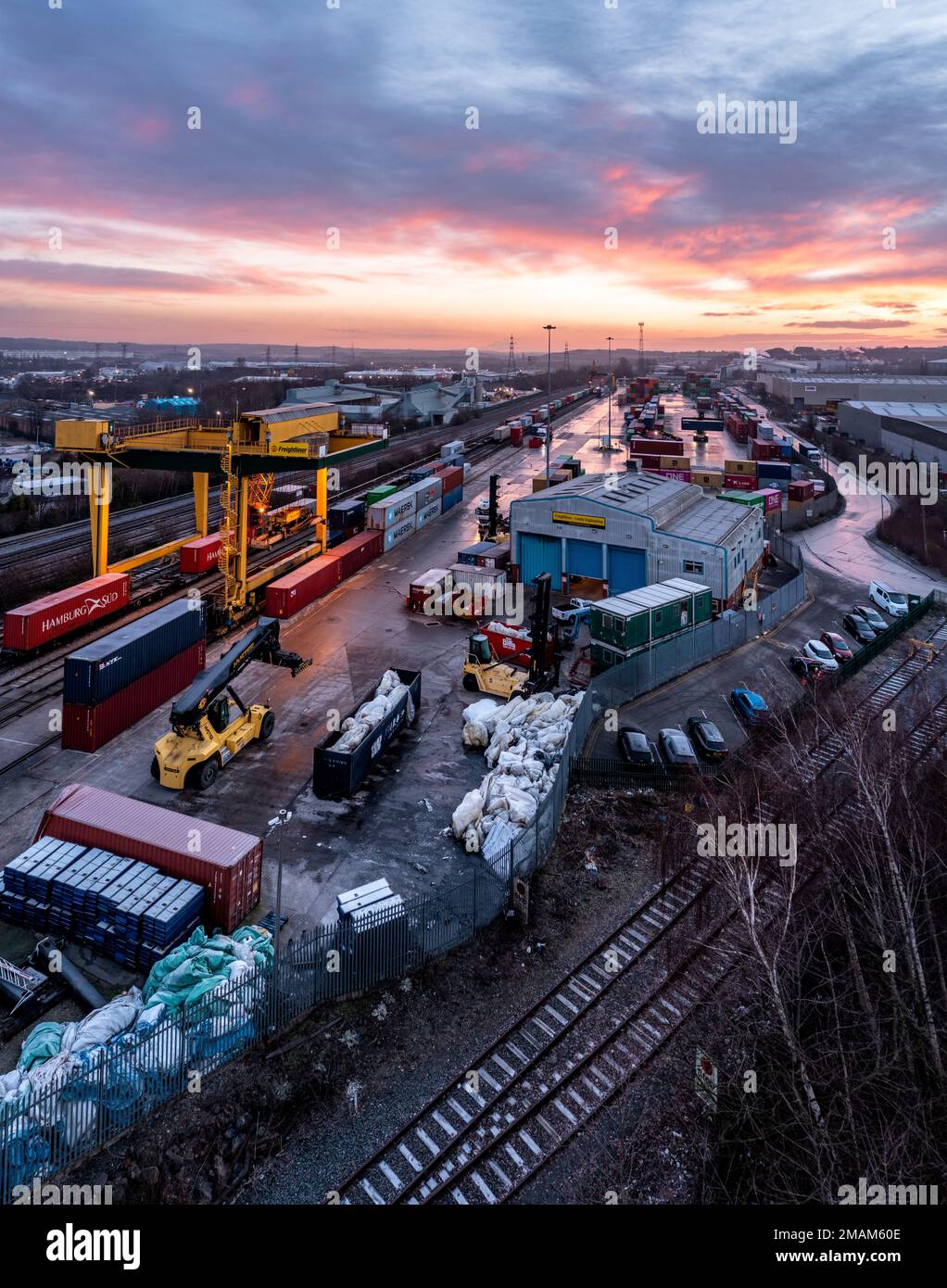 Aerial view of Freightliner Intermodal container terminal in Leeds at ...