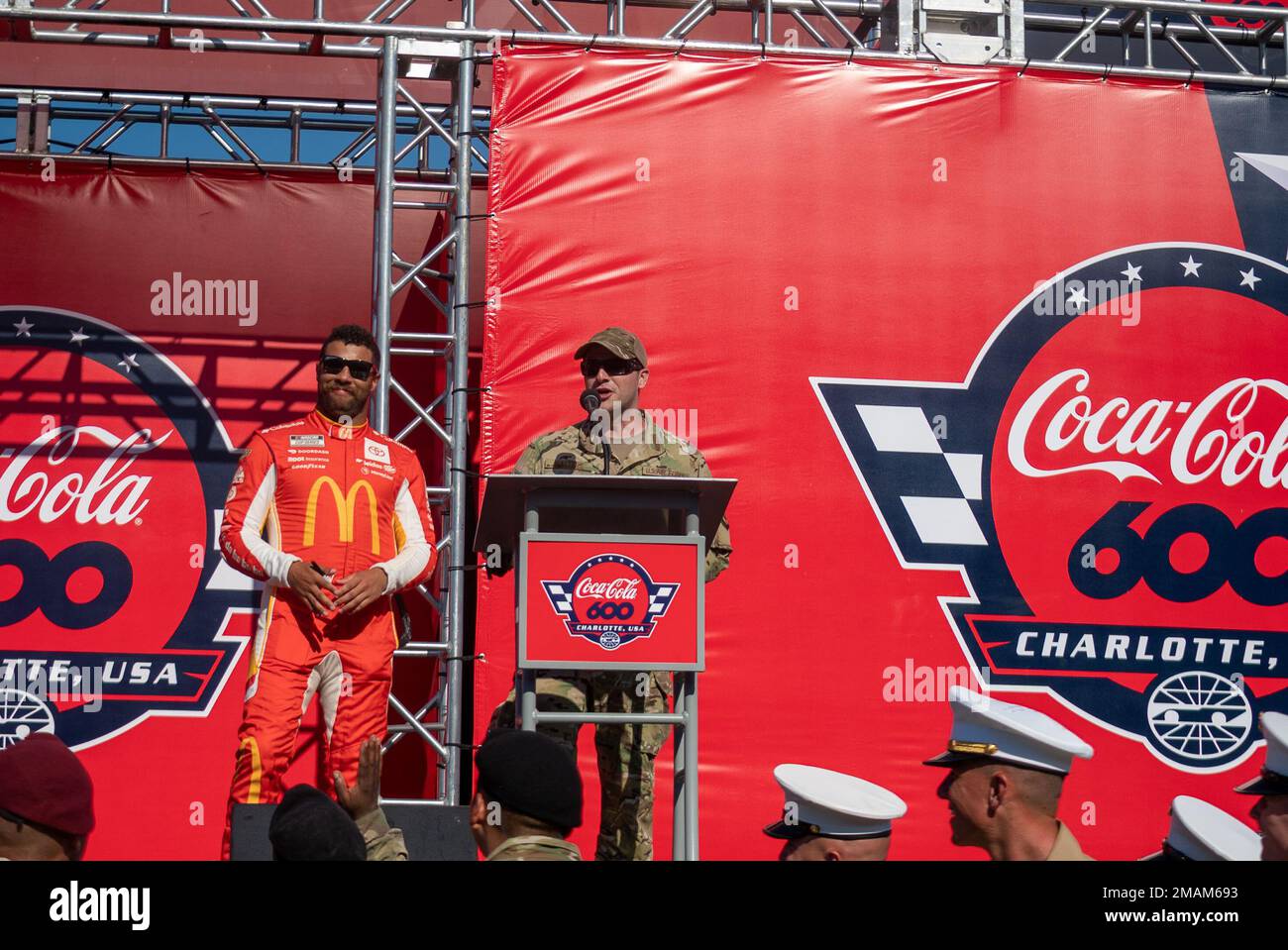 NASCAR driver Bubba Wallace is introduced by an Airman from Pope Army ...