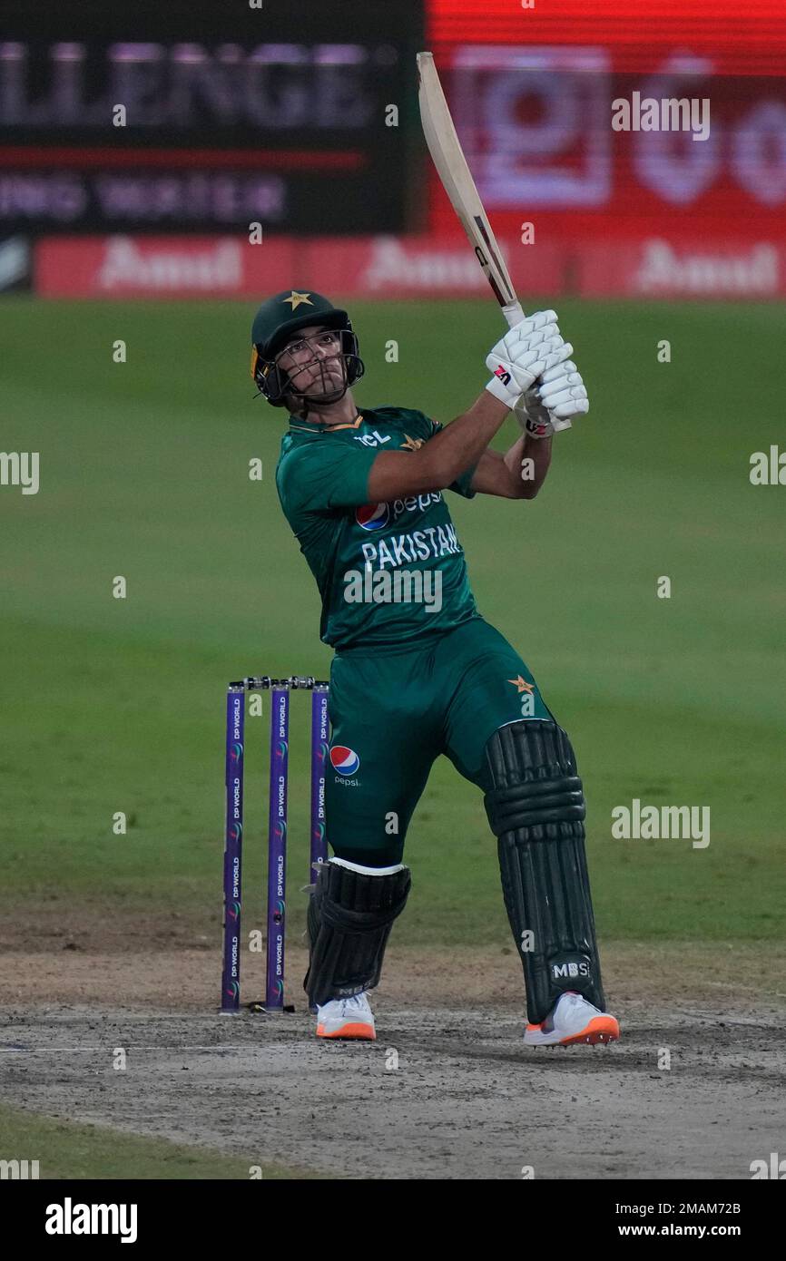Pakistan's Naseem Shah hits a six during the T20 cricket match of Asia ...