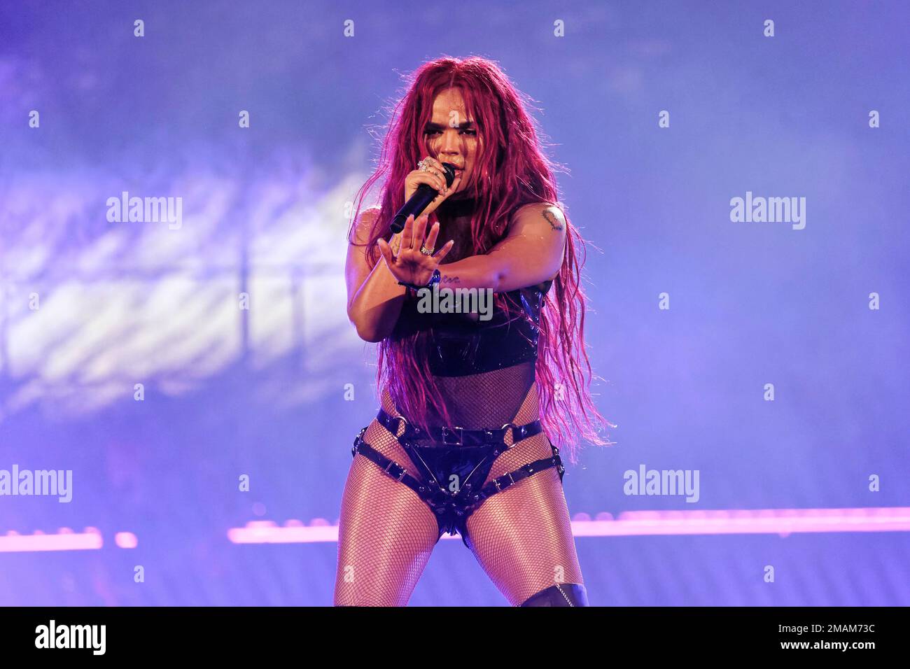 Karol G performs during the opening night of her "Strip Love" tour at ...