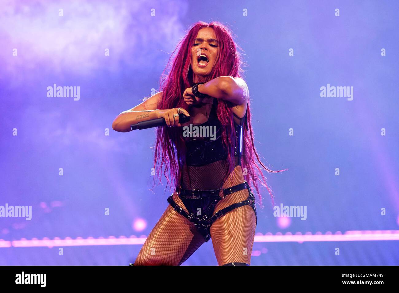 Karol G performs during the opening night of her "Strip Love" tour at ...