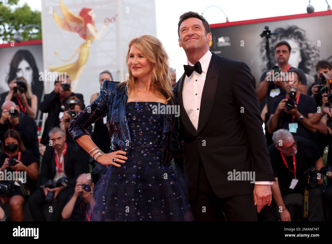 Laura Dern, left, and Hugh Jackman pose for photographers upon arrival ...