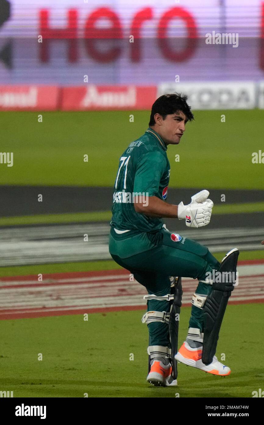 Pakistan's Naseem Shah celebrates after hitting a six to win the T20 ...