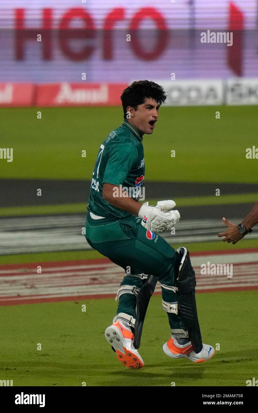 Pakistan's Naseem Shah celebrates after hitting a six to win the T20 ...