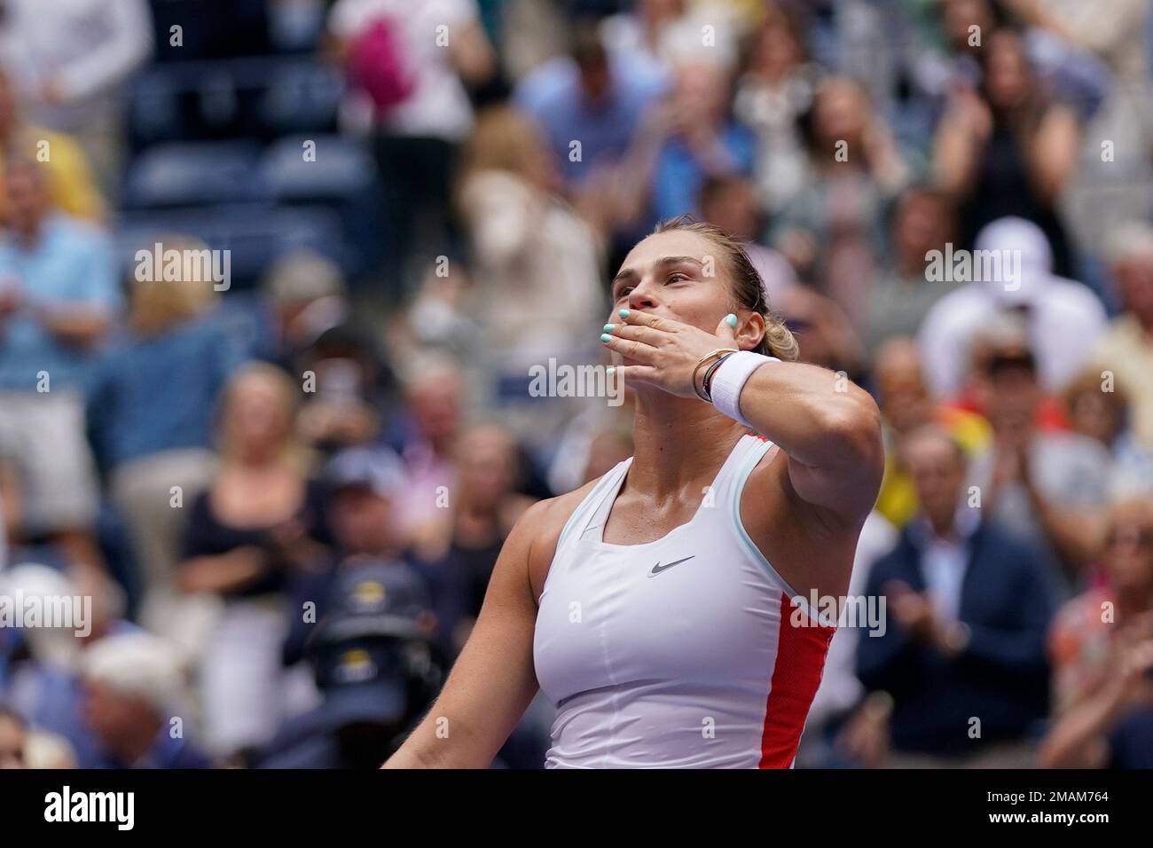 Aryna Sabalenka, of Belarus, reacts after defeating Karolina Pliskova ...