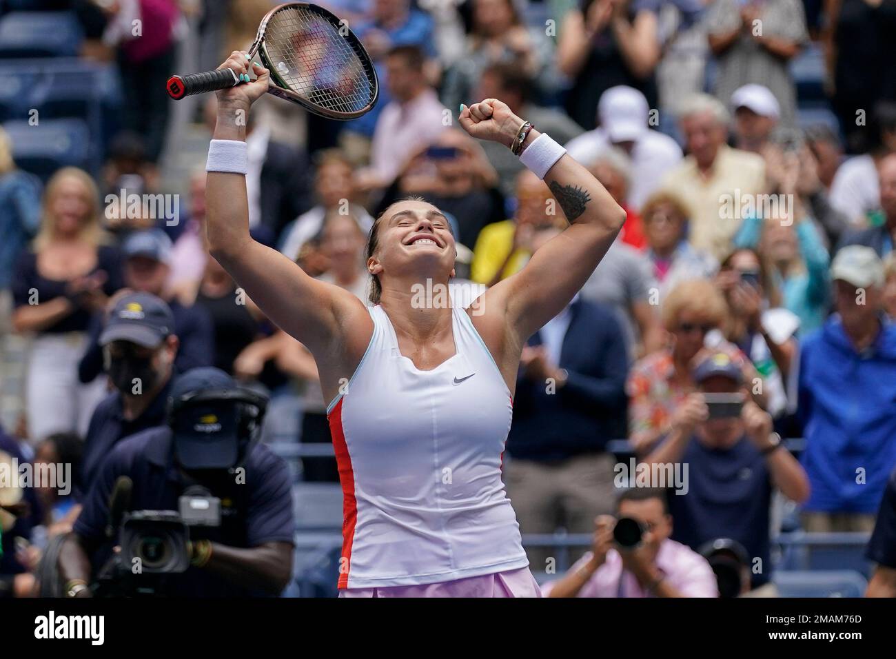 Aryna Sabalenka, of Belarus, reacts after defeating Karolina Pliskova ...