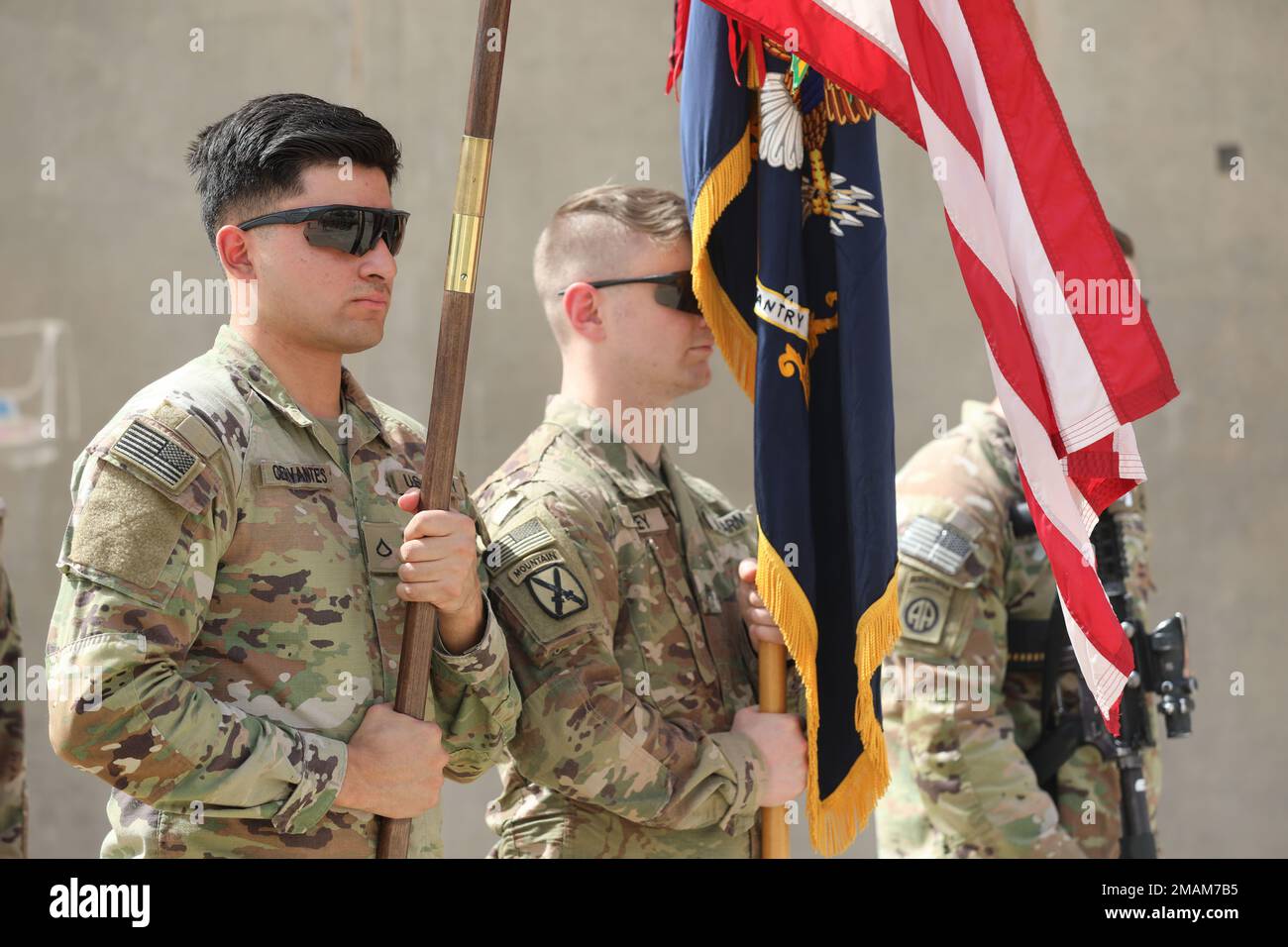 U.S. Soldiers assigned to Task Force Santiago present the colors during ...