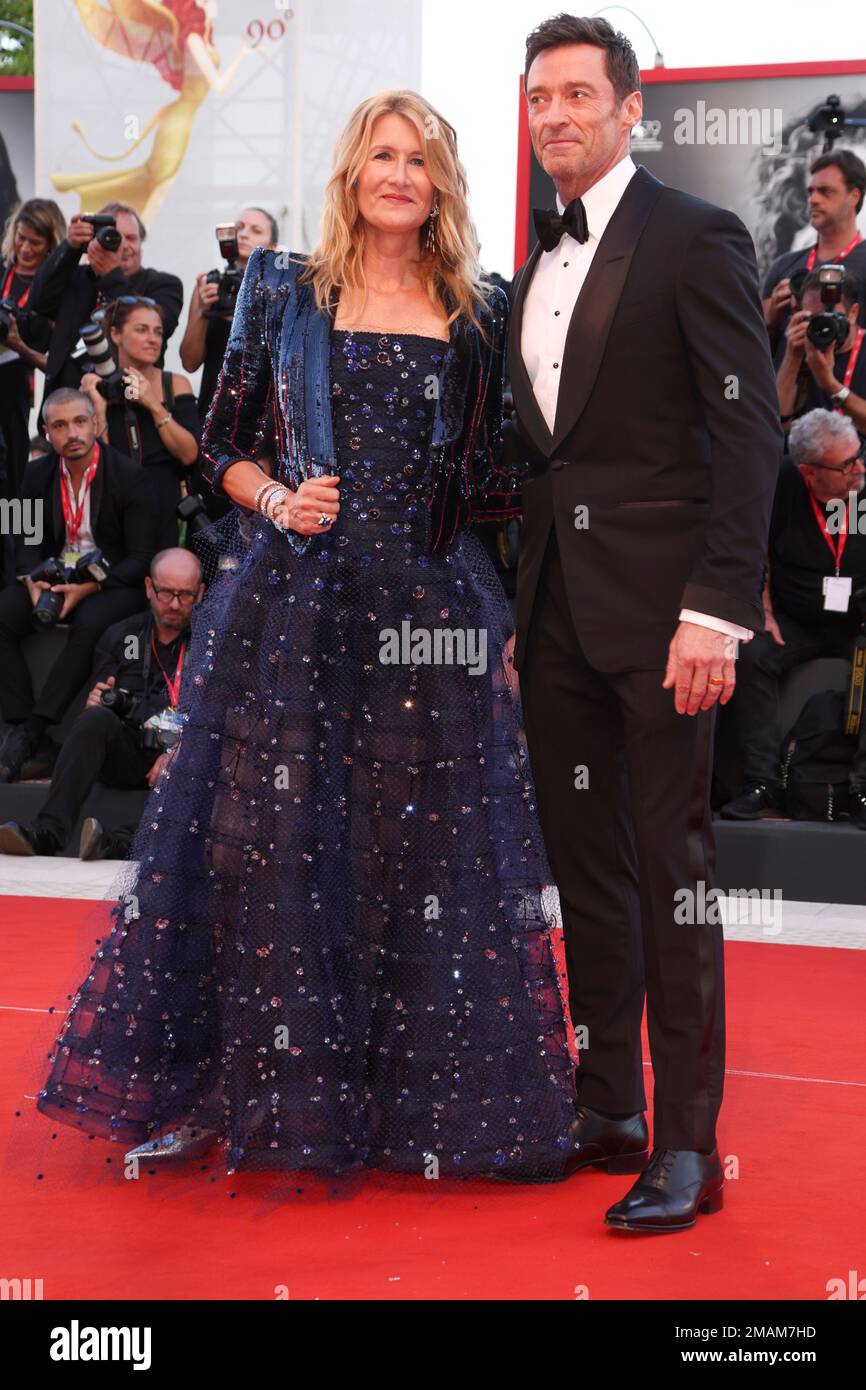 Laura Dern, left, and Hugh Jackman pose for photographers upon arrival ...