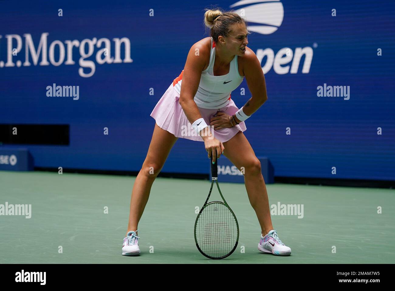 Aryna Sabalenka, of Belarus, reacts during a quarterfinal match against ...