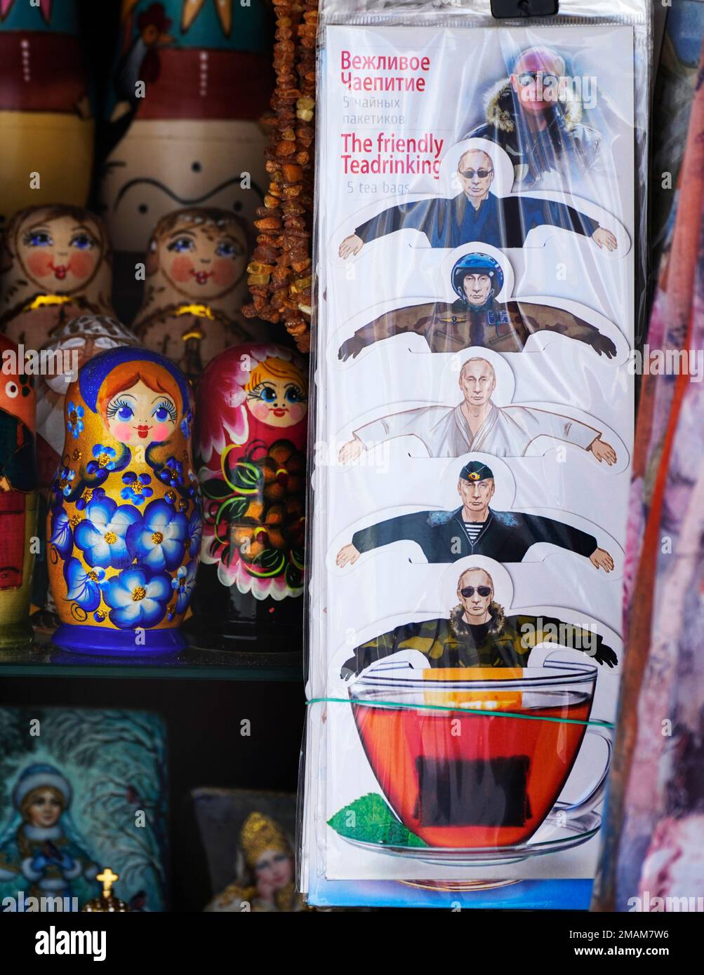 A tea bag set depicting Russian President Vladimir Putin is displayed ...