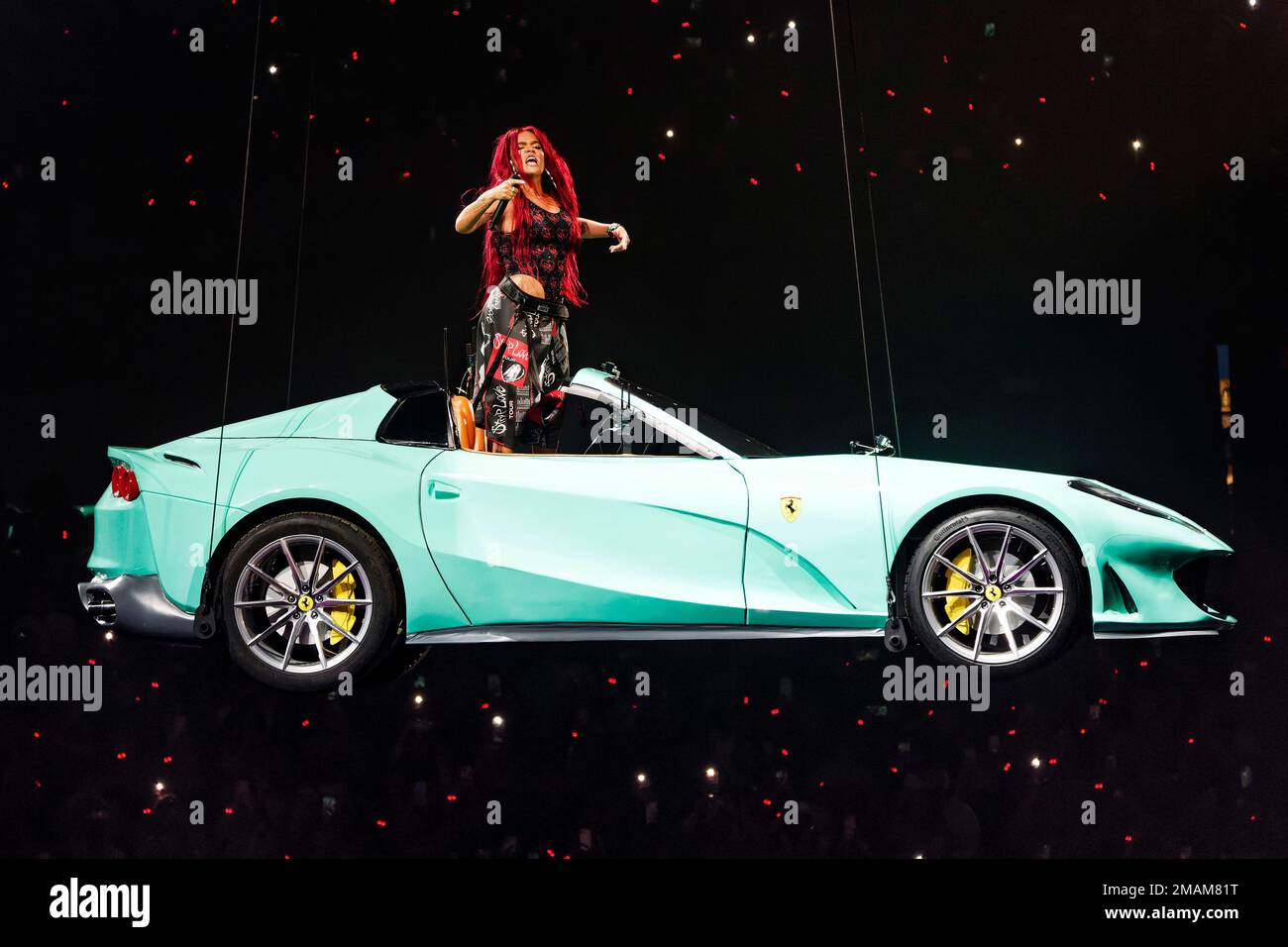 Karol G performs during the opening night of her "Strip Love" tour at ...