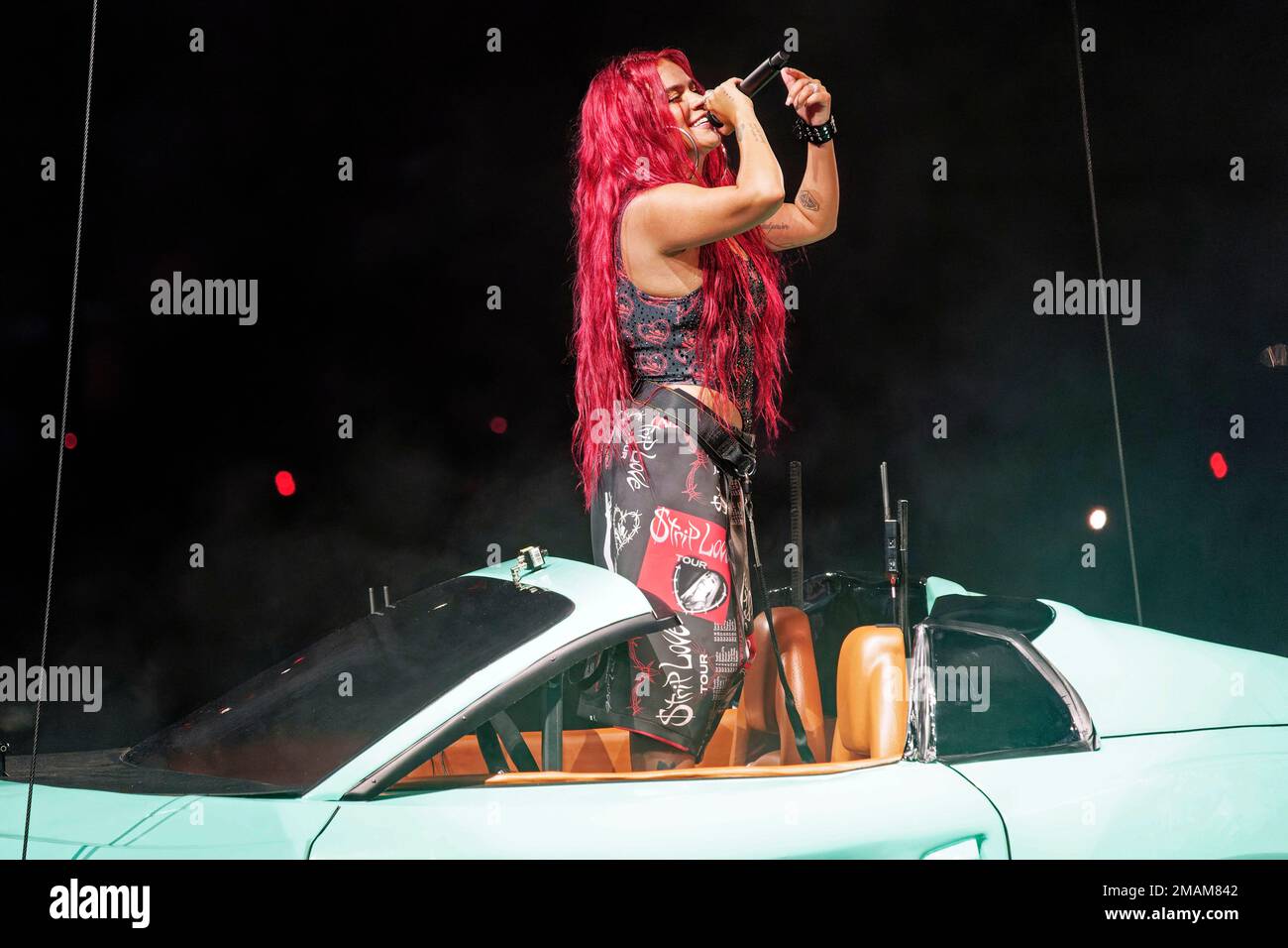 Karol G performs during the opening night of her "Strip Love" tour at ...