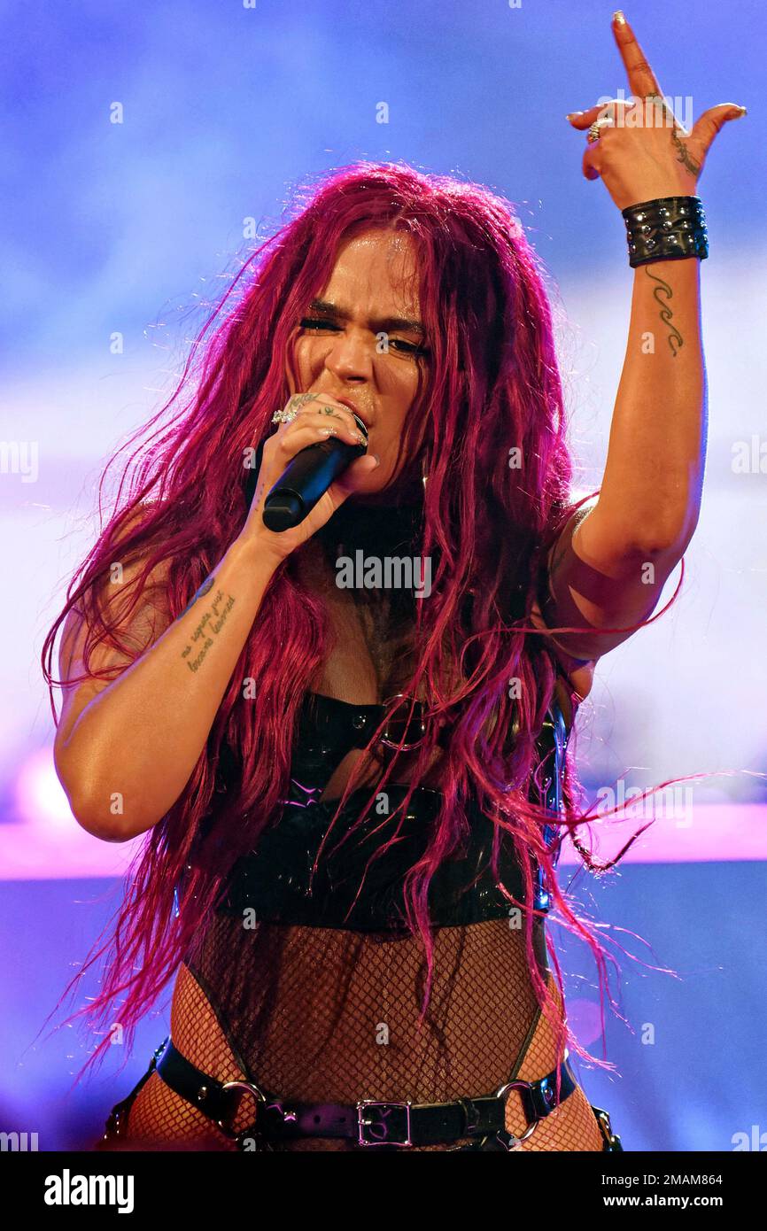 Karol G performs during the opening night of her Strip Love tour at the ...