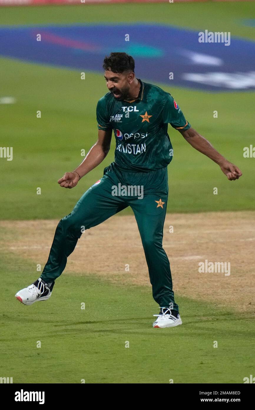 Pakistan's Haris Rauf celebrates the dismissal of Afghanistan's Ibrahim ...