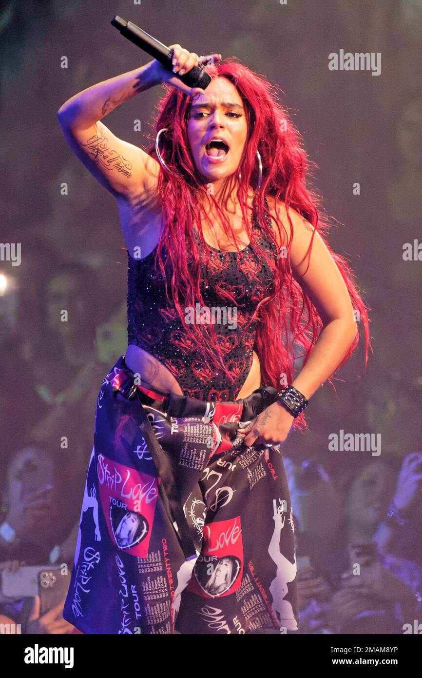 Karol G performs during the opening night of her "Strip Love" tour at ...