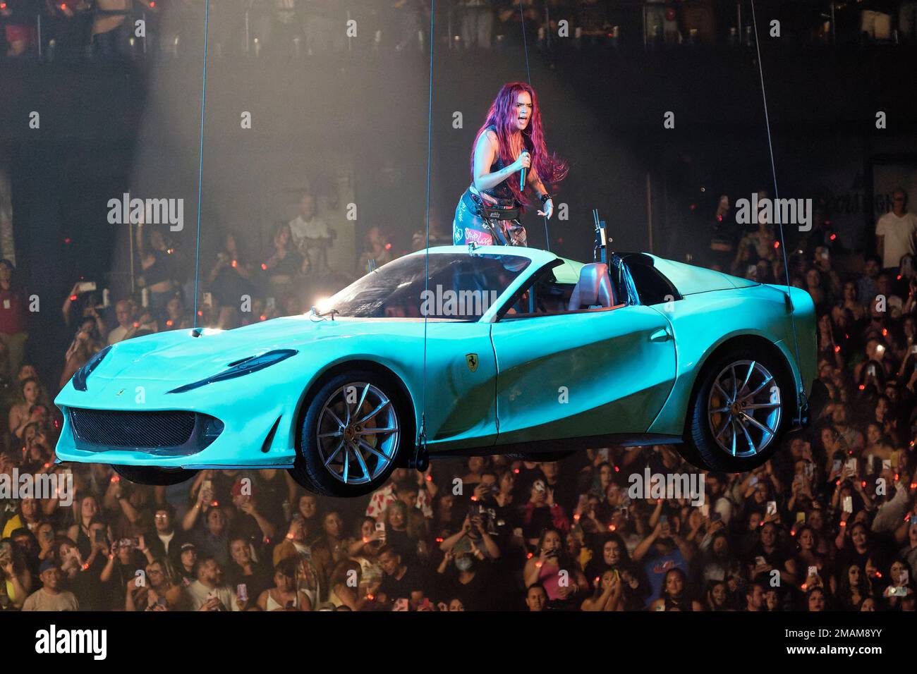 Karol G performs during the opening night of her Strip Love tour at the Allstate Arena on ...
