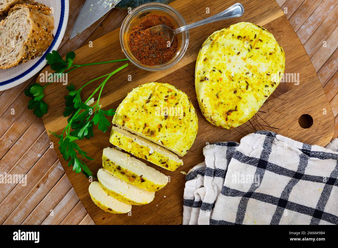 Delicious fried cottage cheese for breakfast. Bread and greens included ...