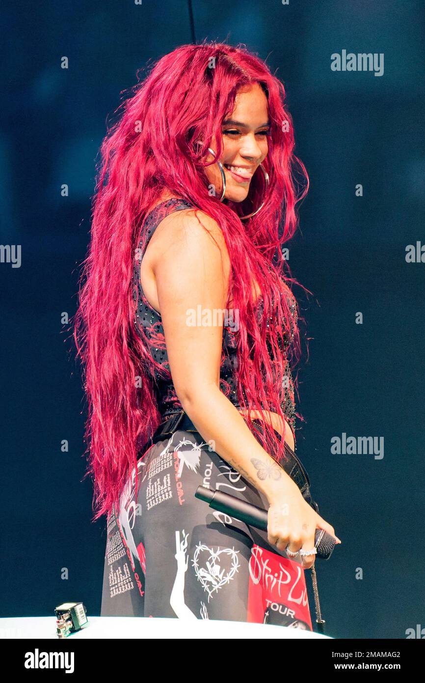 Karol G performs during the opening night of her "Strip Love" tour at ...