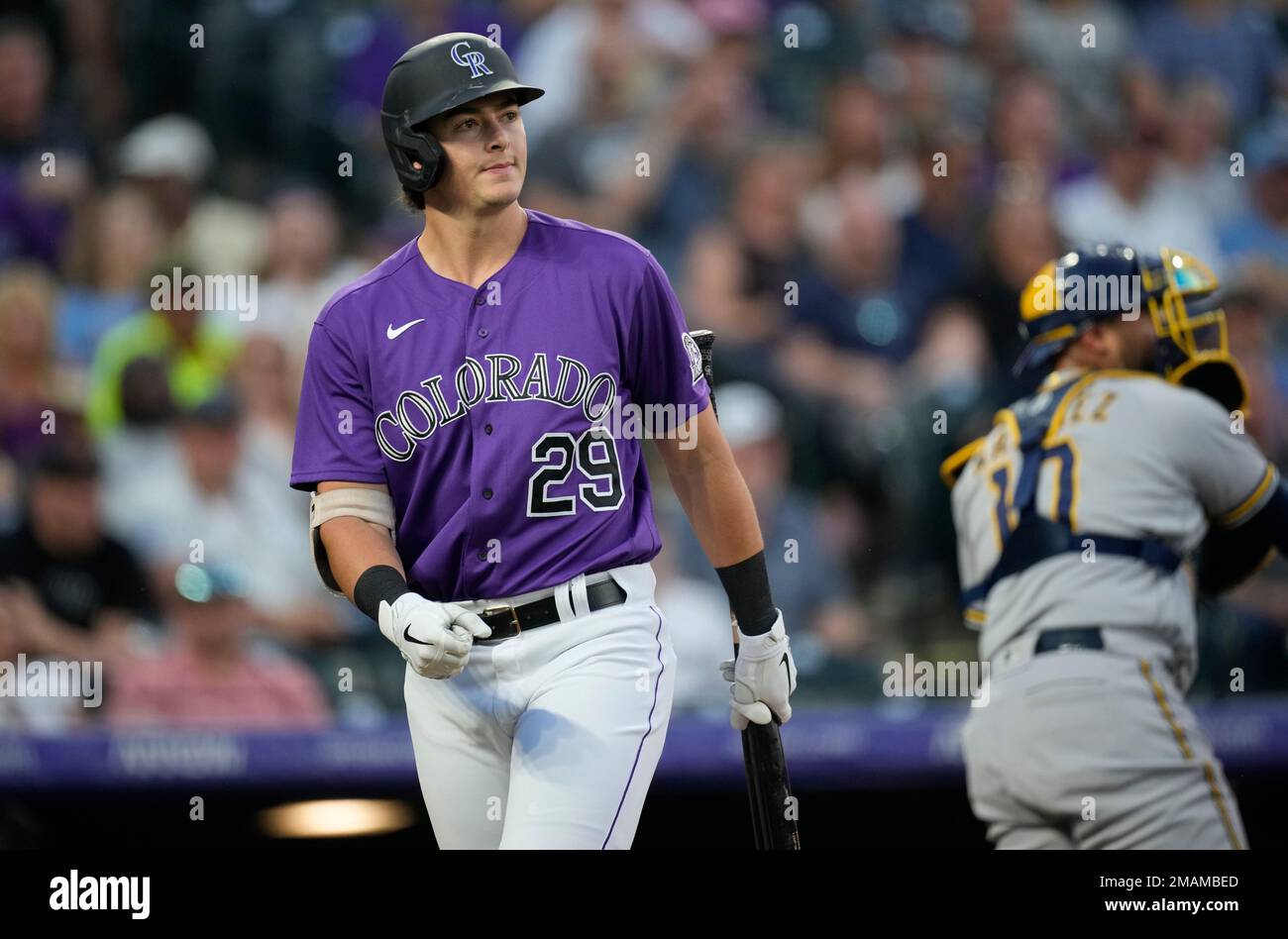 Colorado Rockies' Michael Toglia reacts after striking out agianst ...