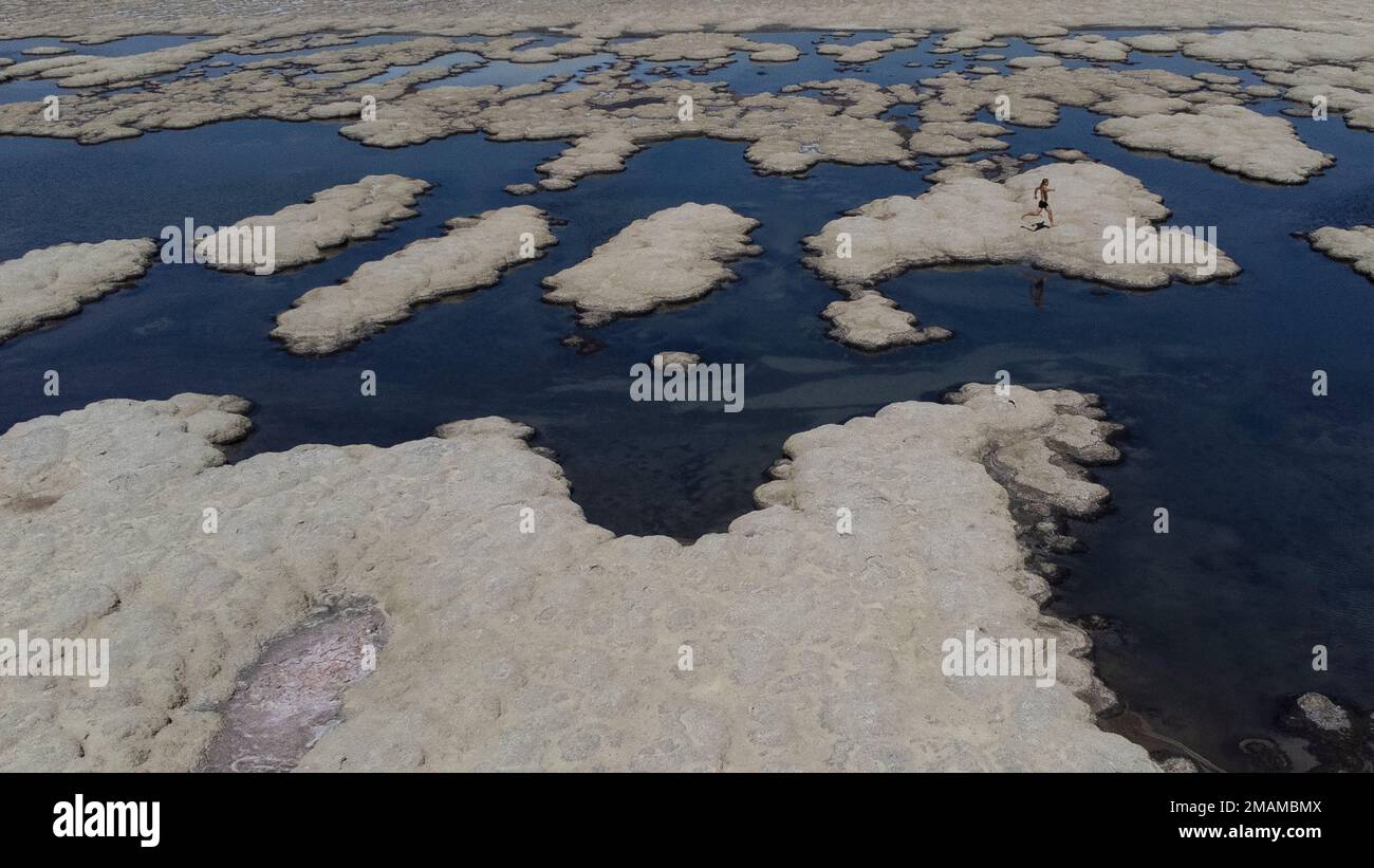 Olof Wood walks across reef-like structures called microbialites ...