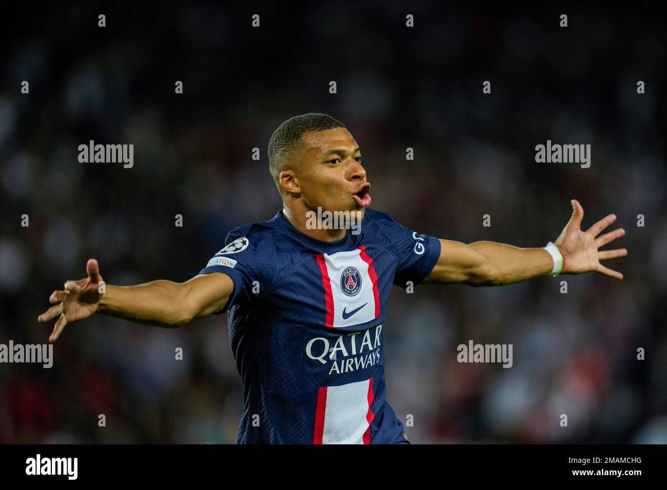 PSG's Kylian Mbappe celebrates after scoring his second goal during the ...