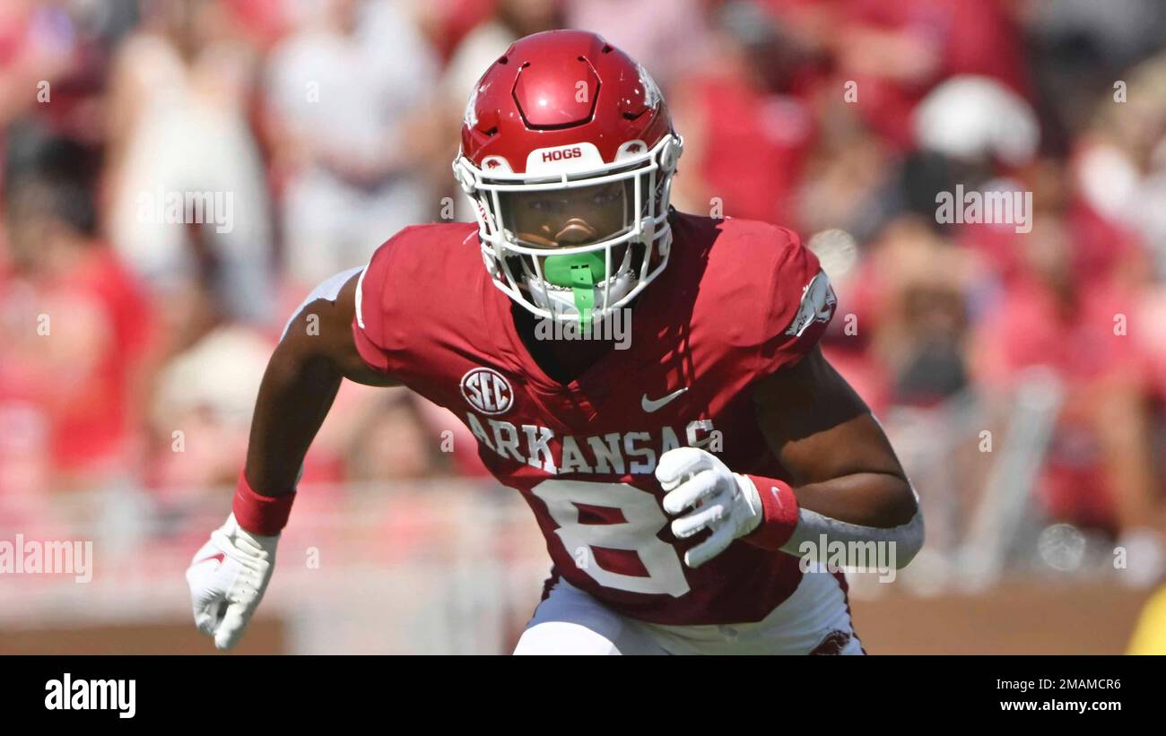 Arkansas defensive back Jayden Johnson (8) runs a play against ...