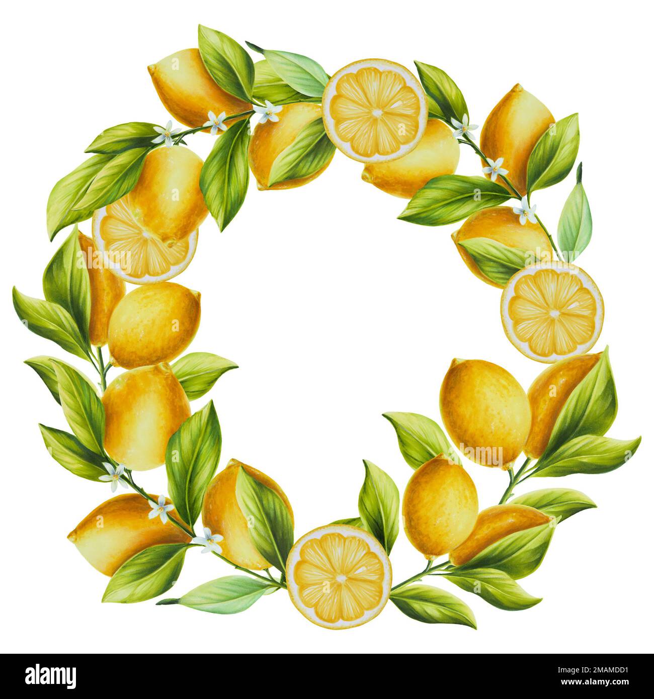 Watercolor frame with fresh ripe lemon with bright green leaves and ...