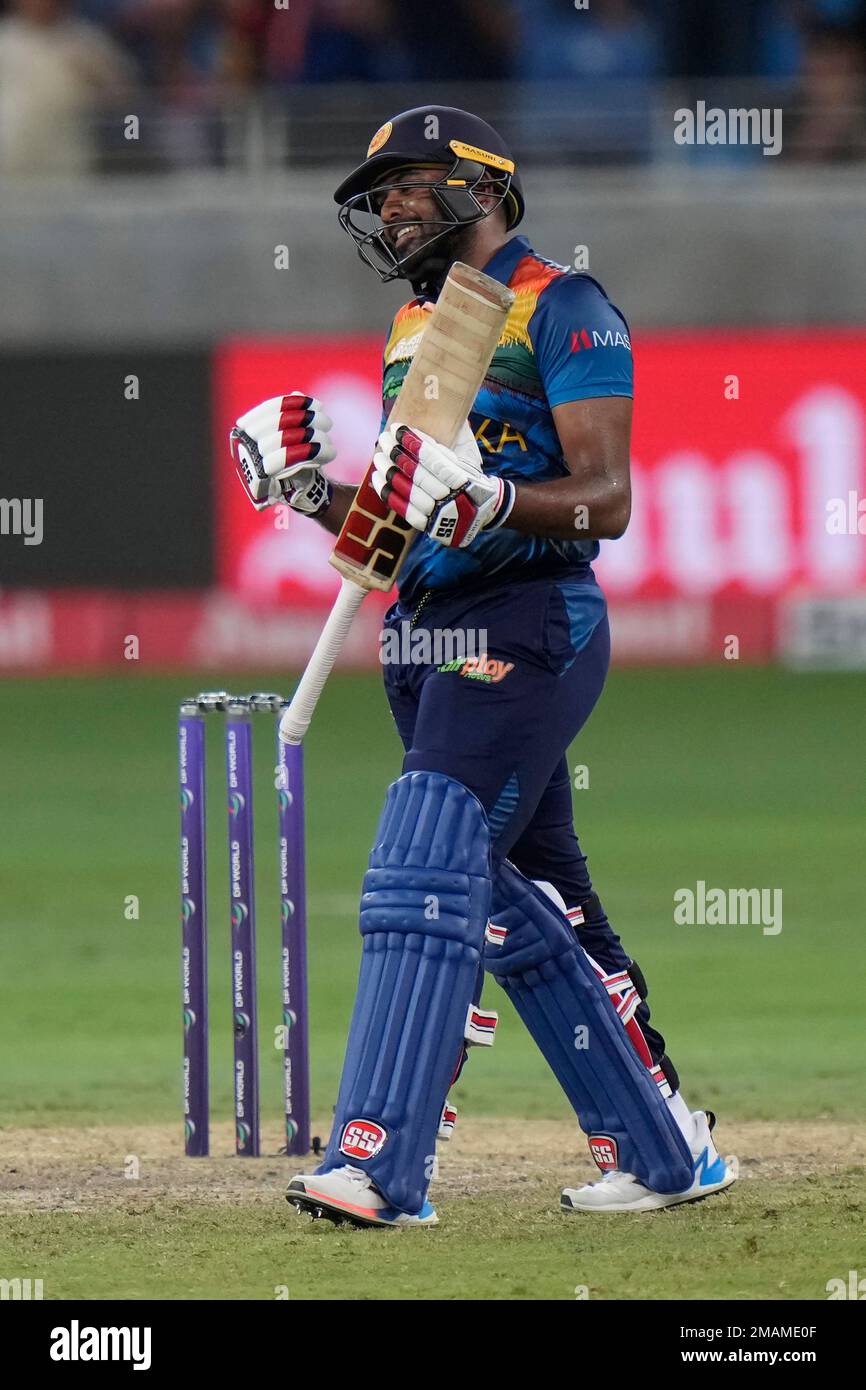 Sri Lanka's Bhanuka Rajapaksa celebrates their win in the T20 cricket ...