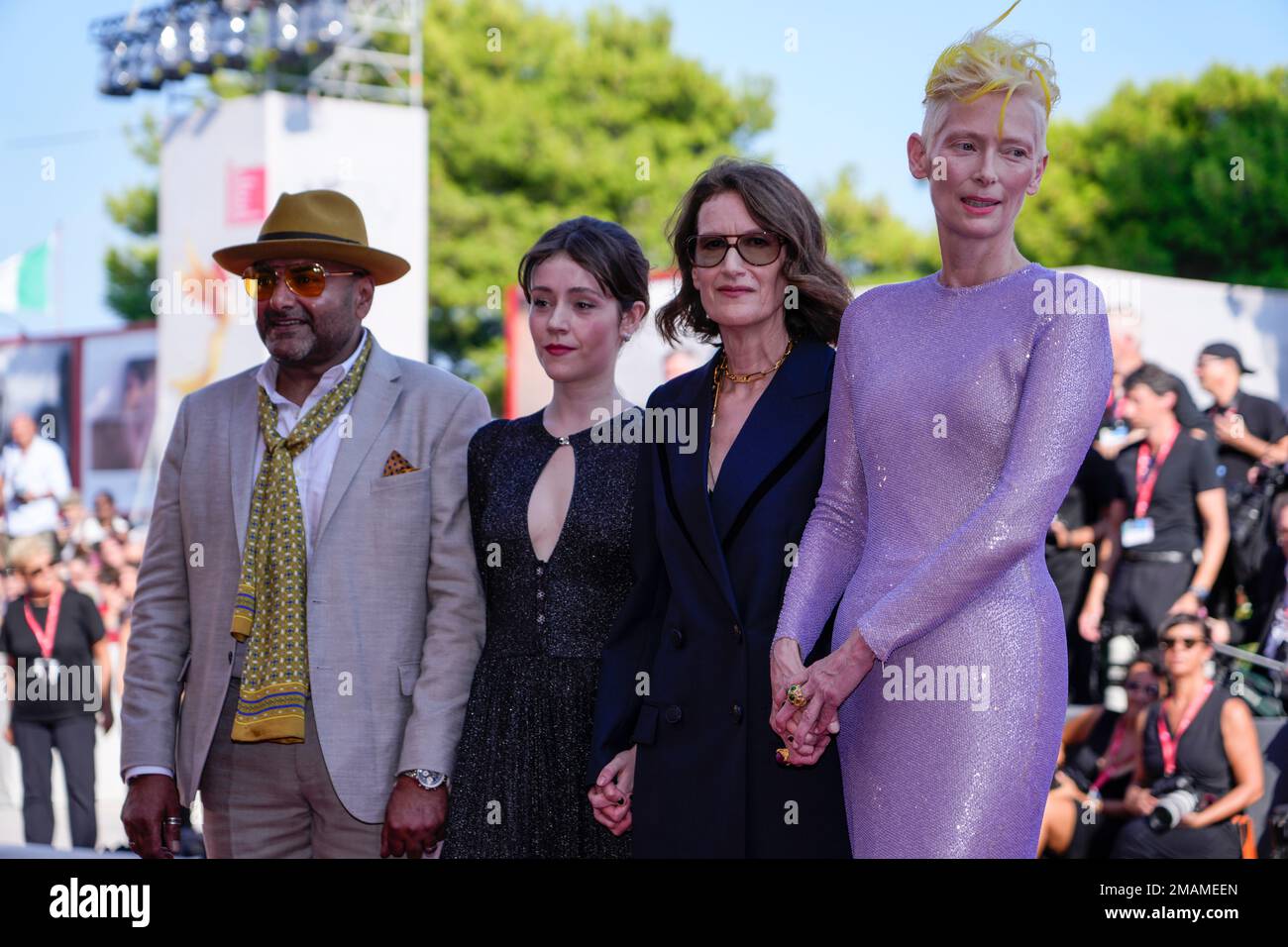August Joshi, from left, Carly-Sophia Davies, director Joanna Hogg and Tilda Swinton pose for ...