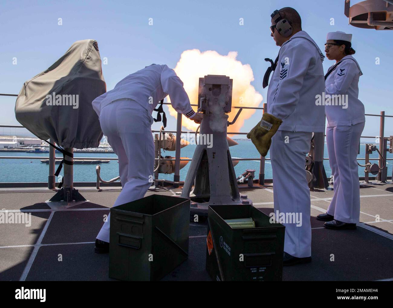 220530-N-IV962-1175 SAN DIEGO (May 30, 2022) – Sailors fire an MK 11 ...