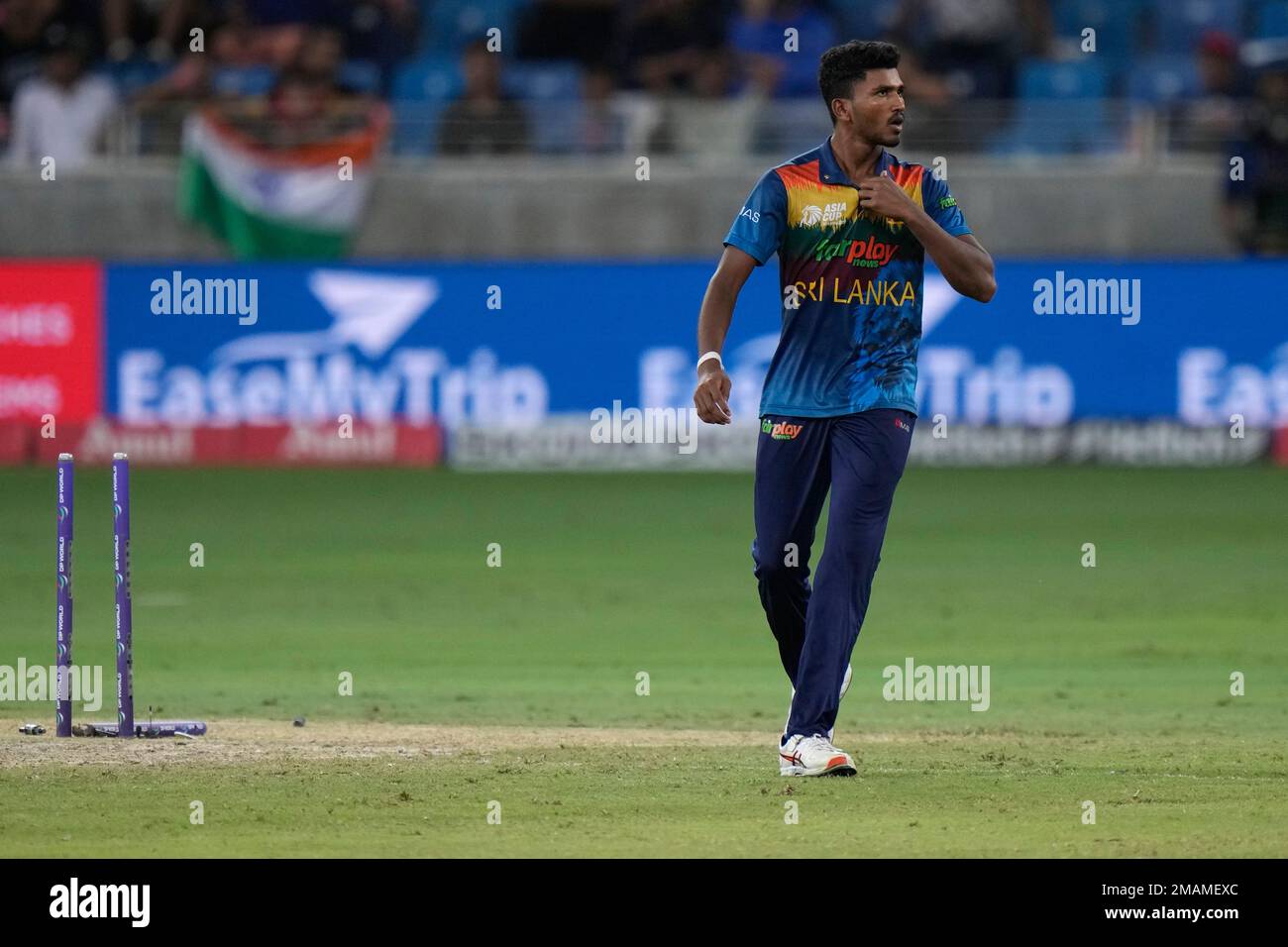 Sri Lanka's Dilshan Madushanka reacts after bowling out India's Deepak ...