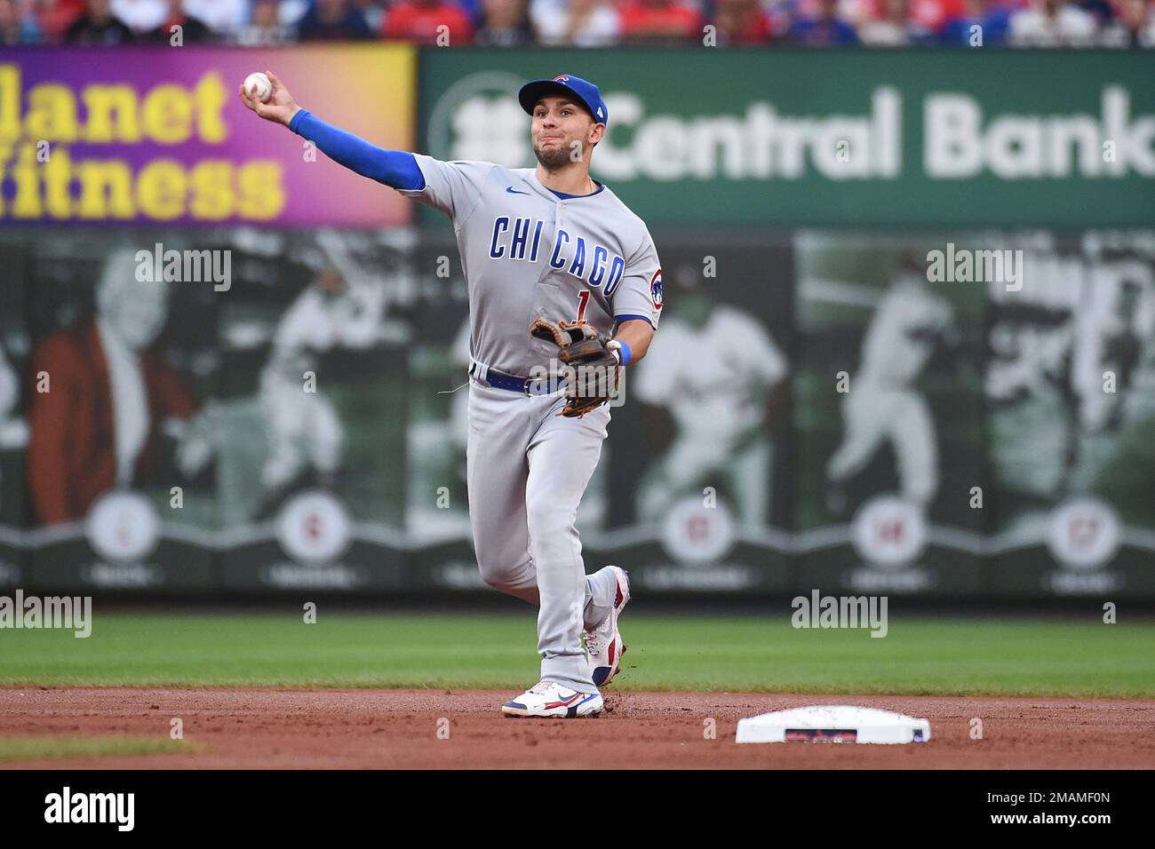 Chicago Cubs second baseman Nick Madrigal (1) throws out St. Louis ...