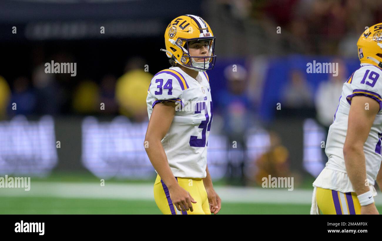 LSU place kicker Damian Ramos (34) reacts during the first half of an ...