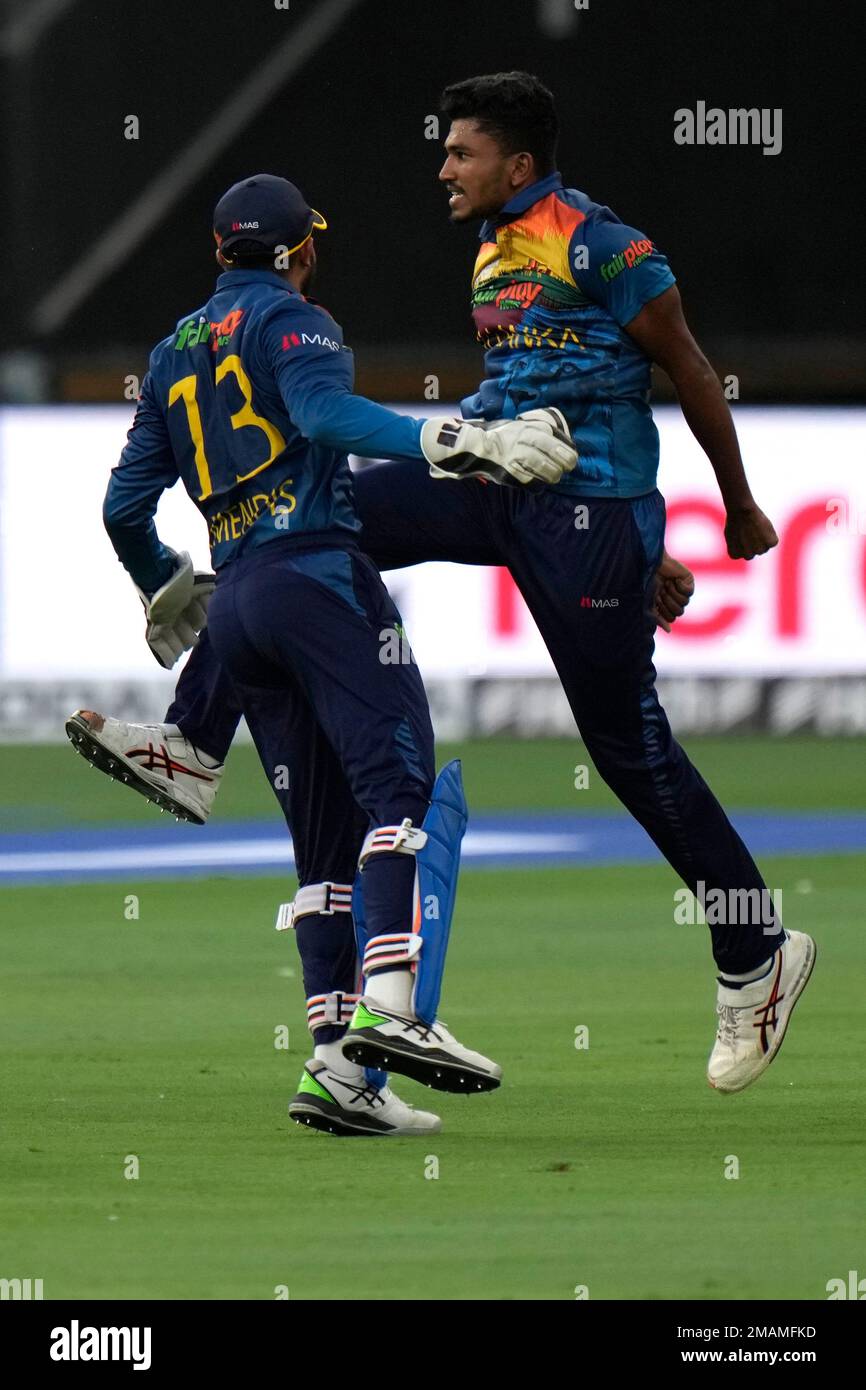 Sri Lanka's Dilshan Madushanka, right, celebrates the dismissal of ...