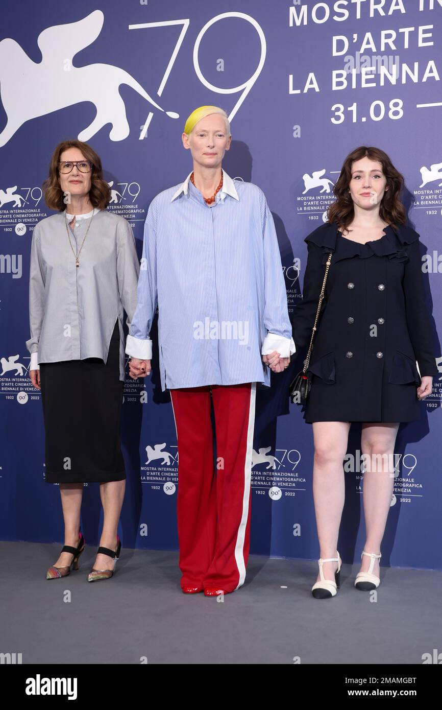 Director Joanna Hogg, from left, Tilda Swinton and Carly-Sophia Davies pose for photographers at ...