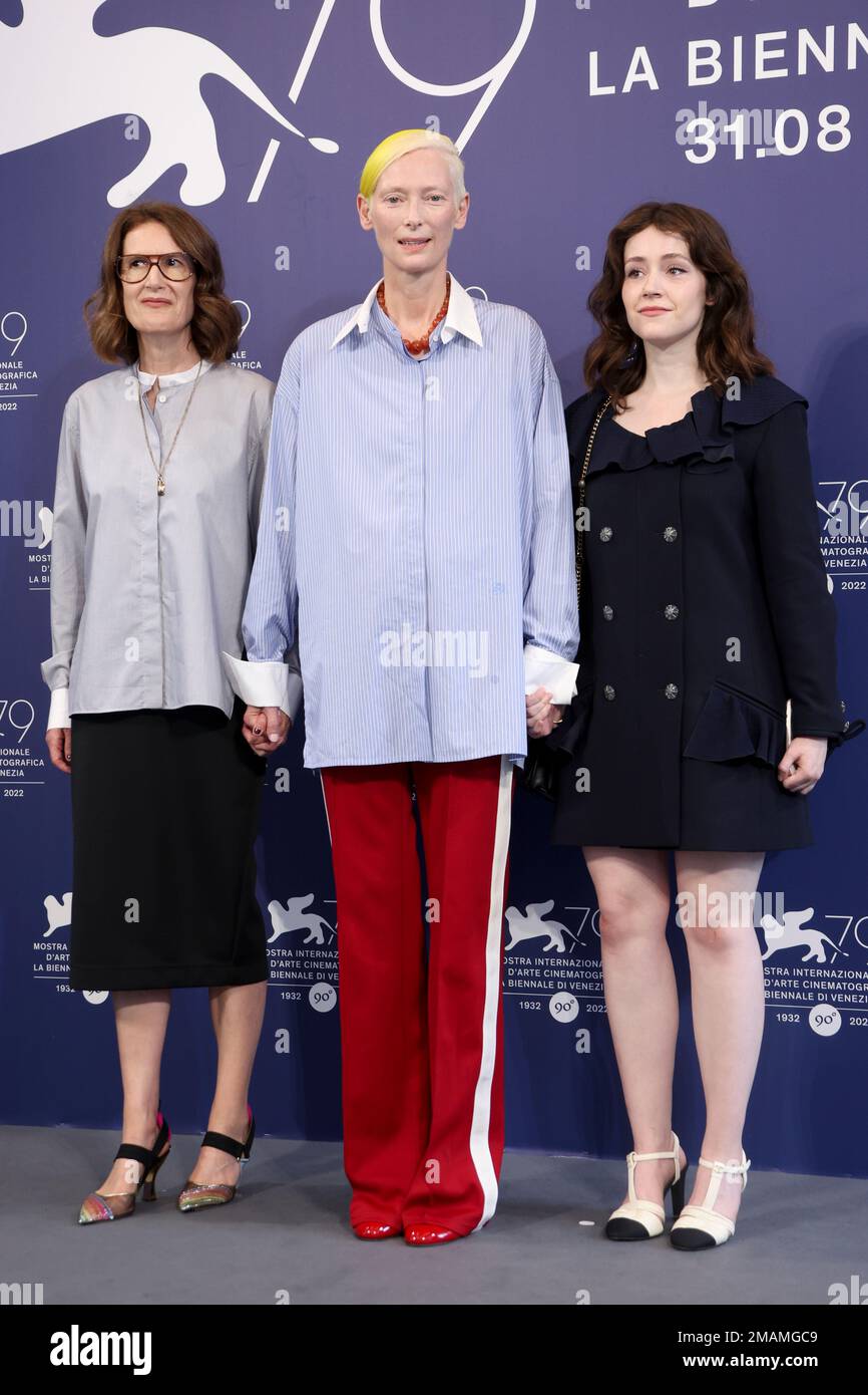 Director Joanna Hogg, from left, Tilda Swinton and Carly-Sophia Davies pose for photographers at ...