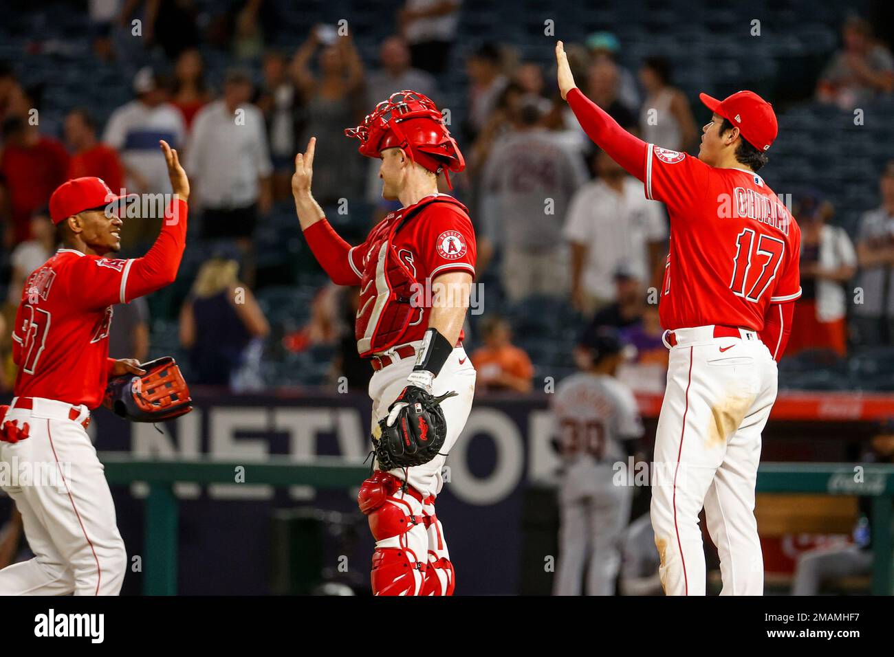 Los Angeles Angels' Shohei Ohtani, right, celebrates with catcher Max ...