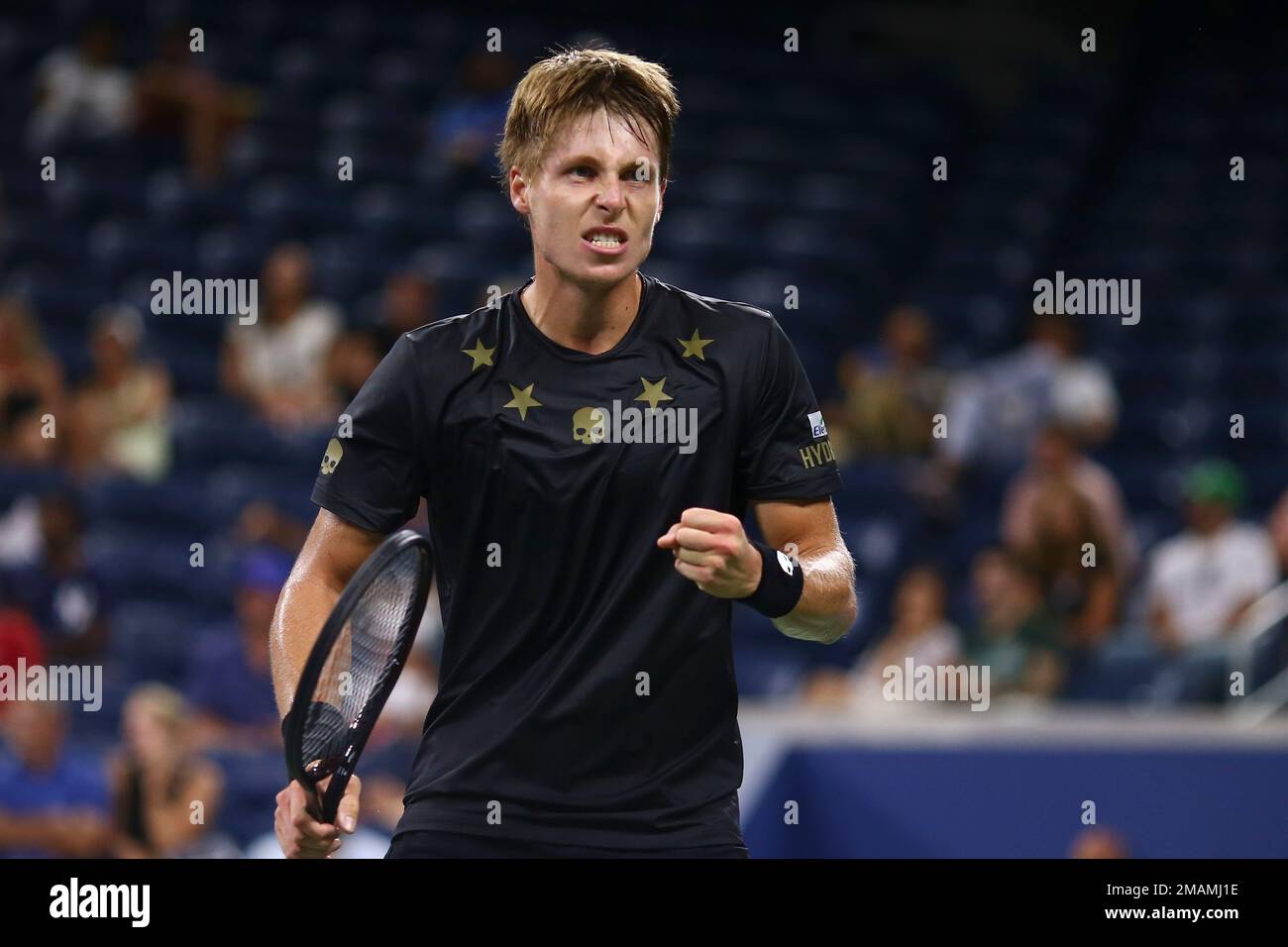 Ilya Ivashka, of Belarus, reacts to winning a point against Jannik ...