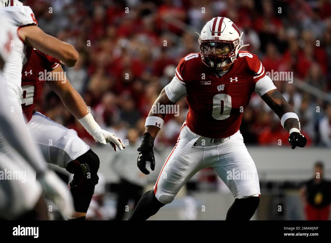 Wisconsin's Braelon Allen (0) blocks during the first half of an NCAA ...