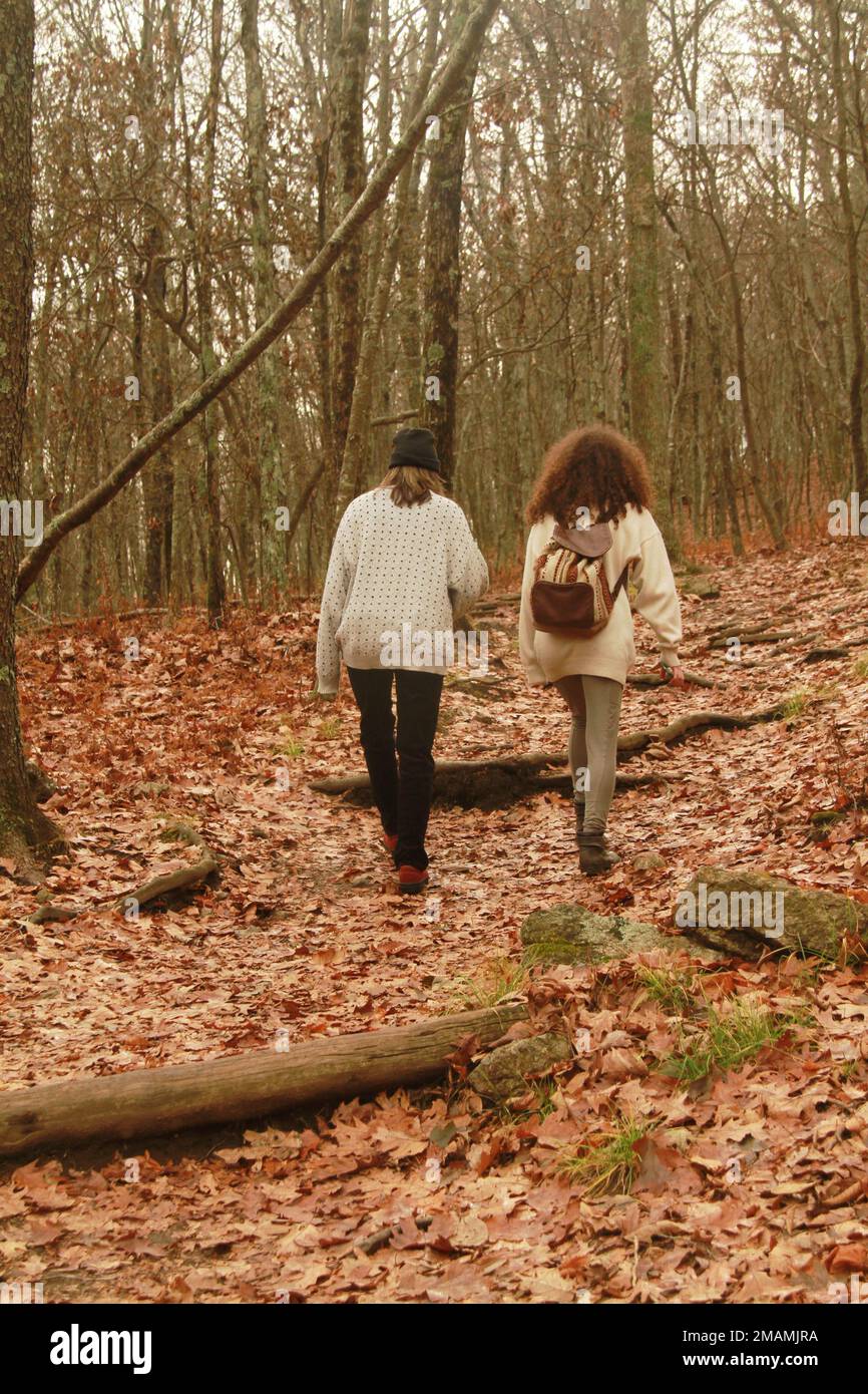 Young girls hiking the Appalachian trail in Virginia, USA, in late ...