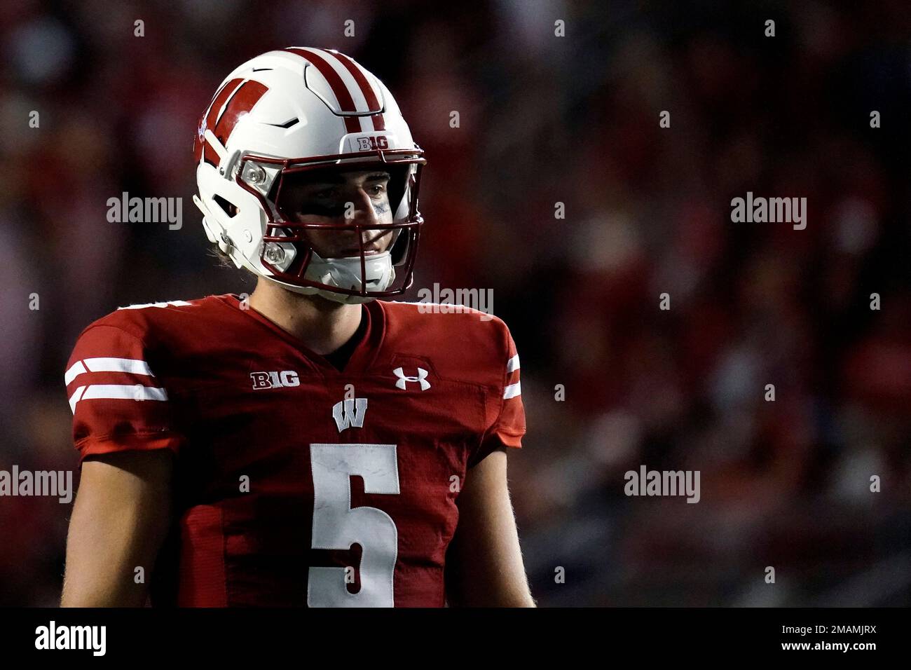Wisconsin's Graham Mertz (5) during the second half of an NCAA college ...