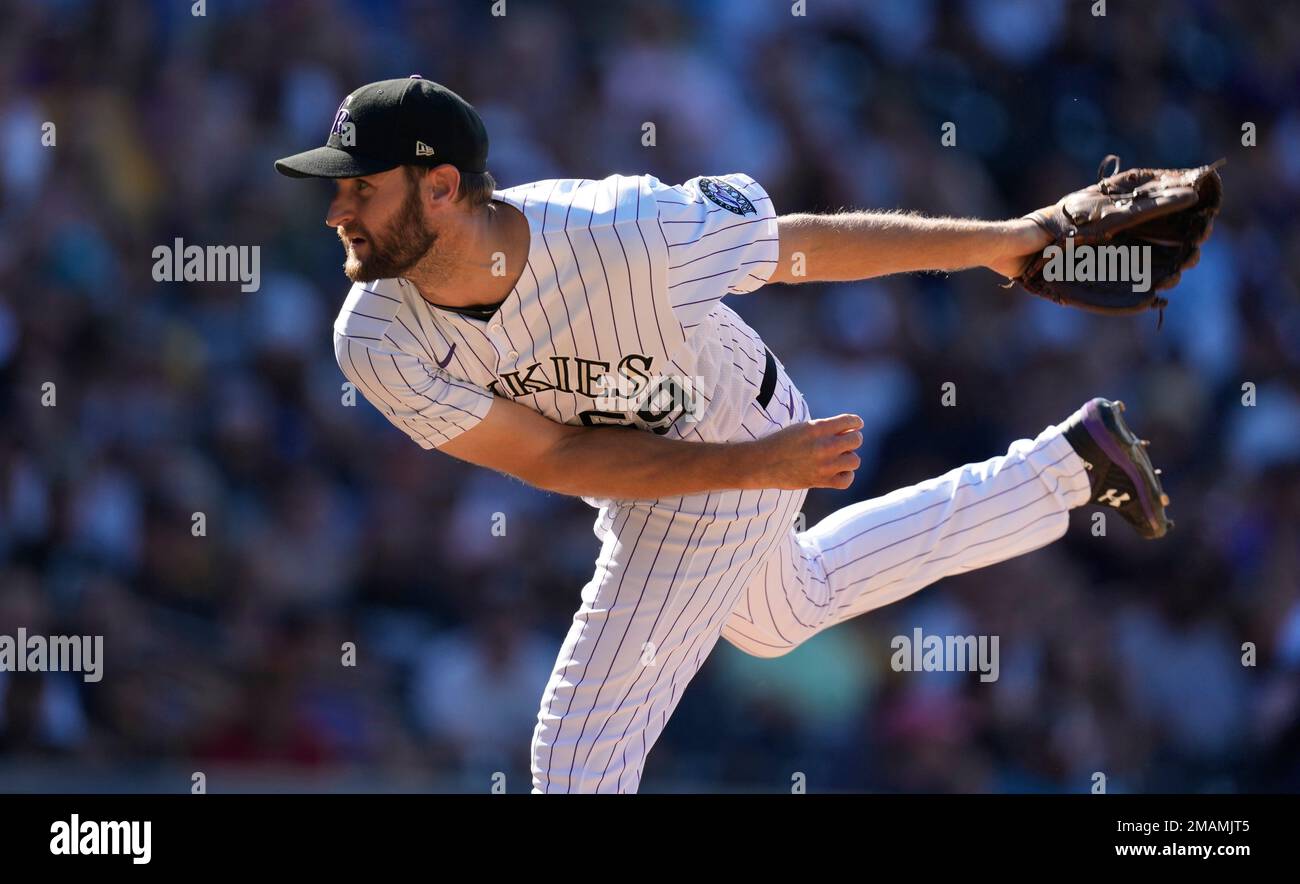 Colorado Rockies relief pitcher Jake Bird works against the Milwaukee ...