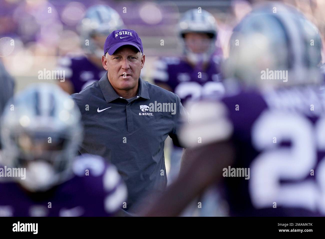 Kansas State head coach Chris Klieman watches warmups before an NCAA ...