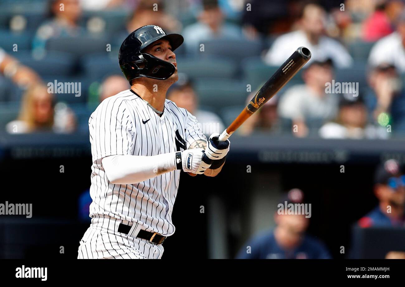 New York Yankees shortstop Marwin Gonzalez (14) follows through on a ...