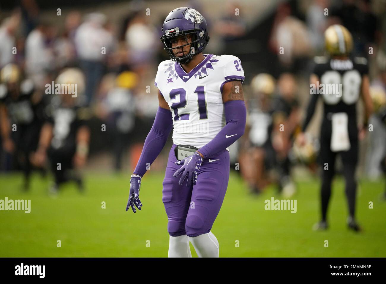 TCU cornerback Noah Daniels (21) warms up before an NCAA college football game Friday, Sept. 2 ...