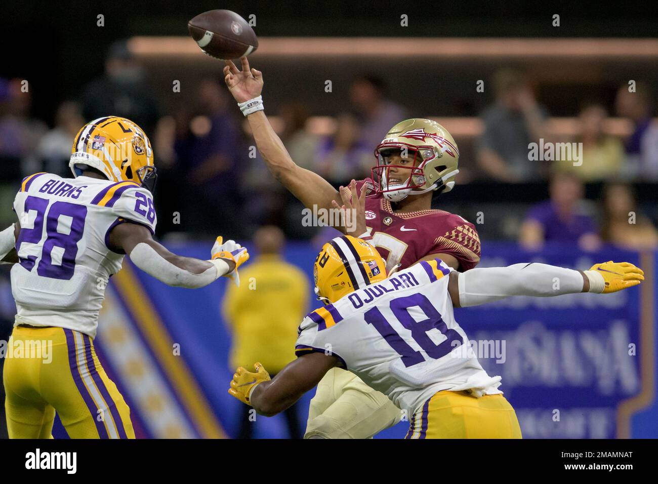 Florida State quarterback Jordan Travis (13) throws against LSU ...