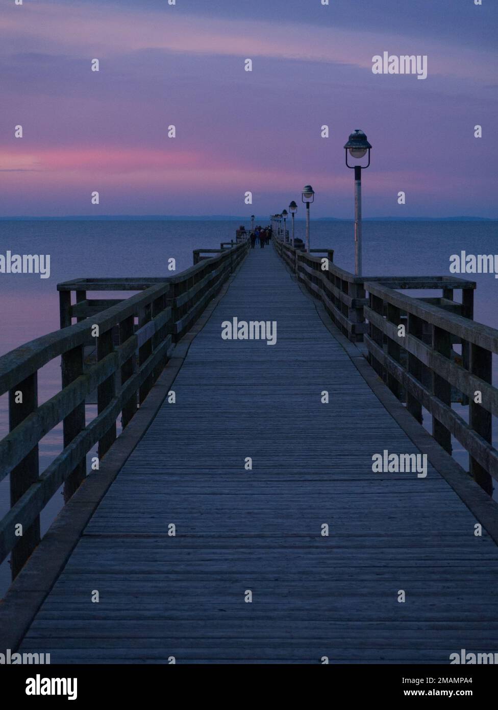 A vertical shot of a pier on the Baltic Sea at sunset with purple sky ...